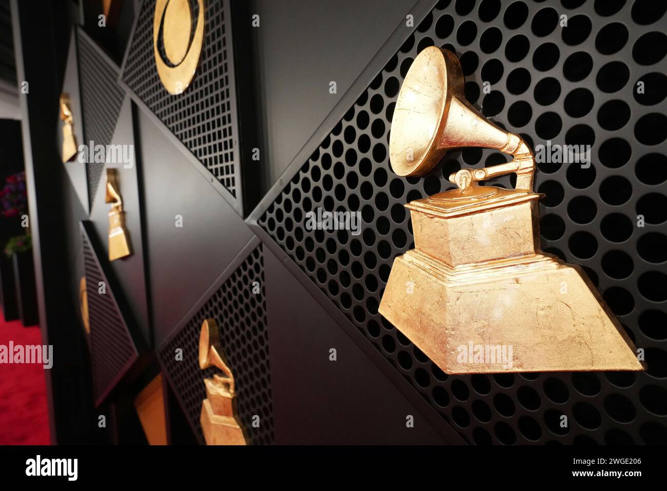 A general view of signage at the 66th annual Grammy Awards on Sunday ...