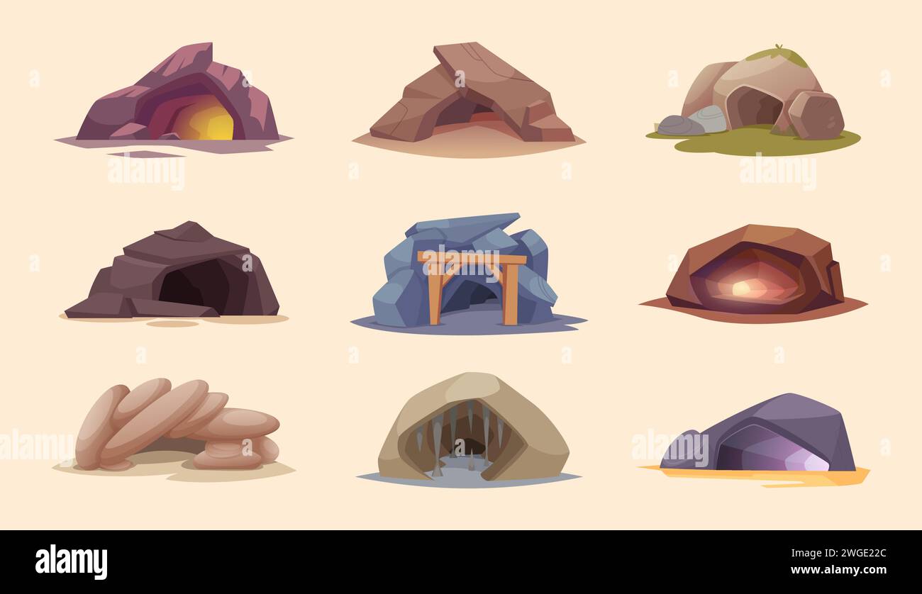 Cave mine. Outdoor entrance in cave with rock or wooden doors exact ...