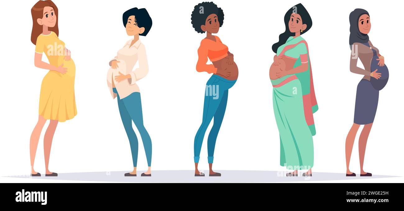 Pregnant woman. Different nationalities female pregnancy multicultural ...