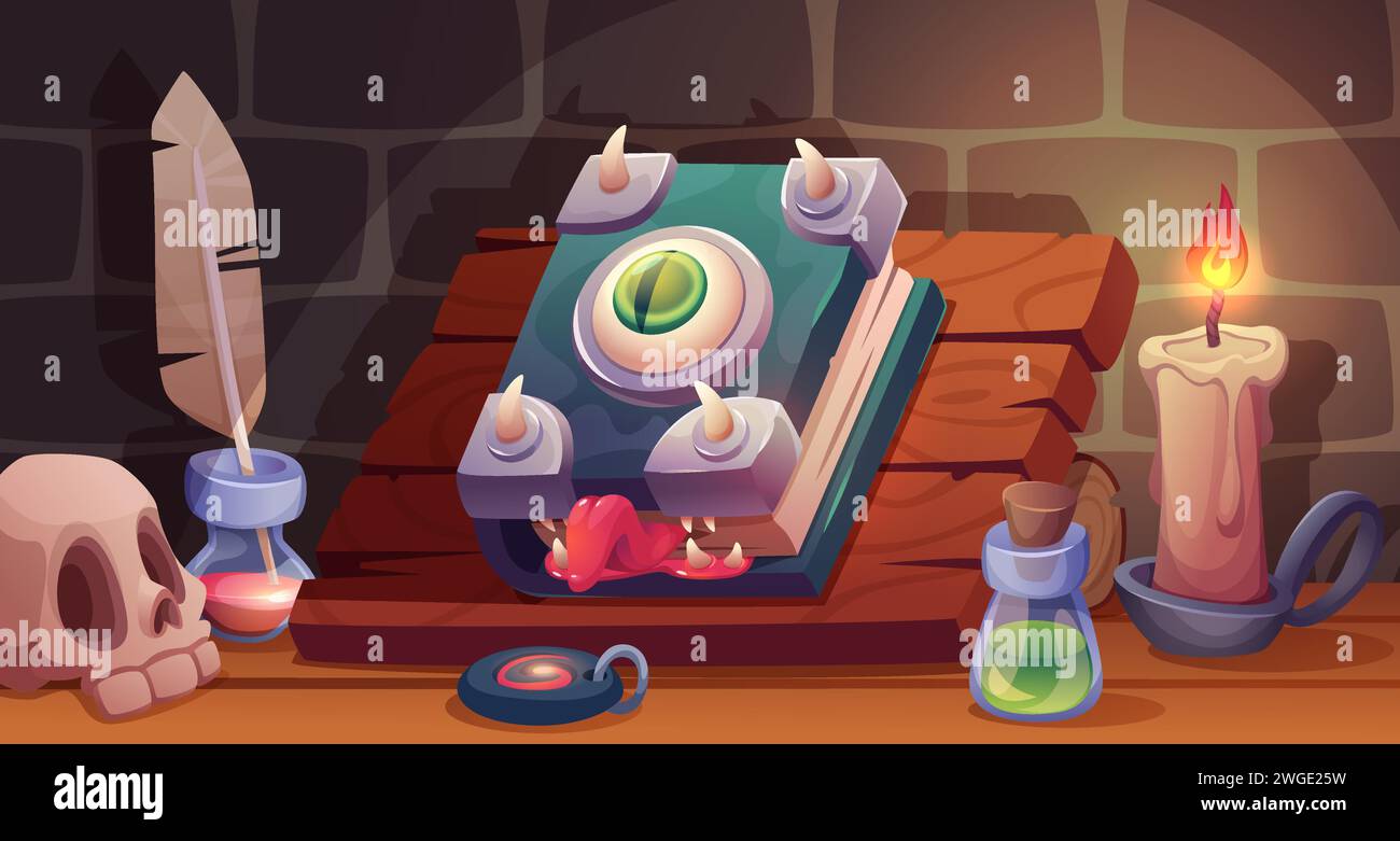 Wizard room. Table with spell book and magic stuff exact vector fantasy ...