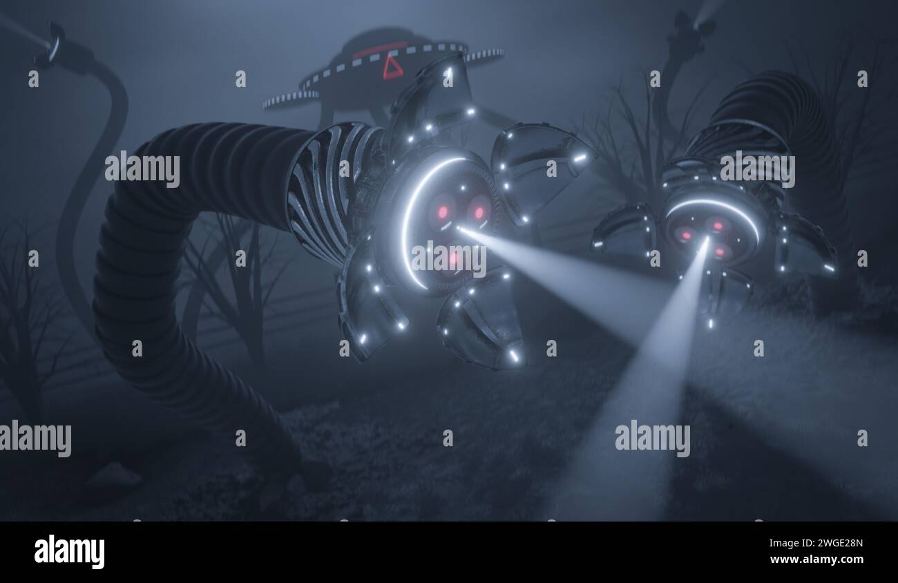 Alien Robotic Tripod In Foggy Night. Futuristic Machine Is Searching ...