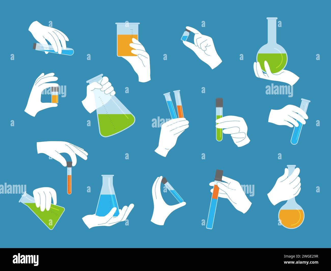 Chemical tubes. Hands in gloves holding medical flasks chemical bottles ...