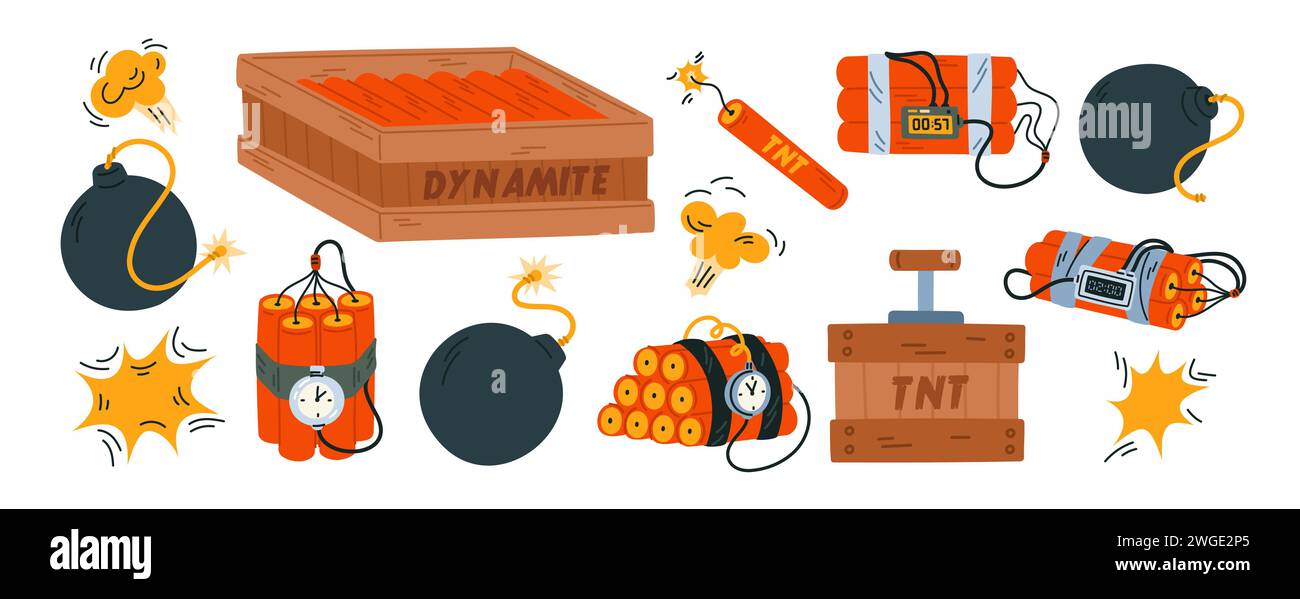 Dynamite and bombs. Wooden box with explosives. Burning wicks. Hand detonator. Timer on TNT ...