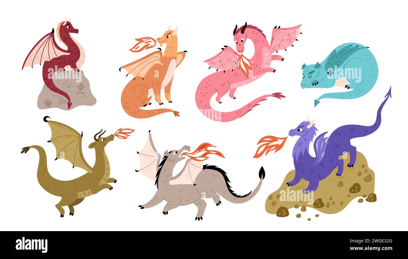 Cartoon magic dragons. Fairy tale monsters. Fantasy creatures ...