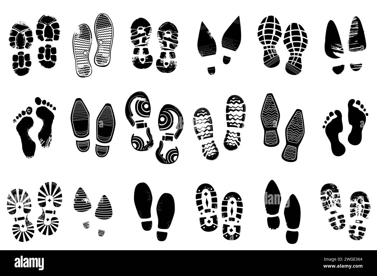 Black shoe footprints. Silhouette boot prints. Human steps traces ...