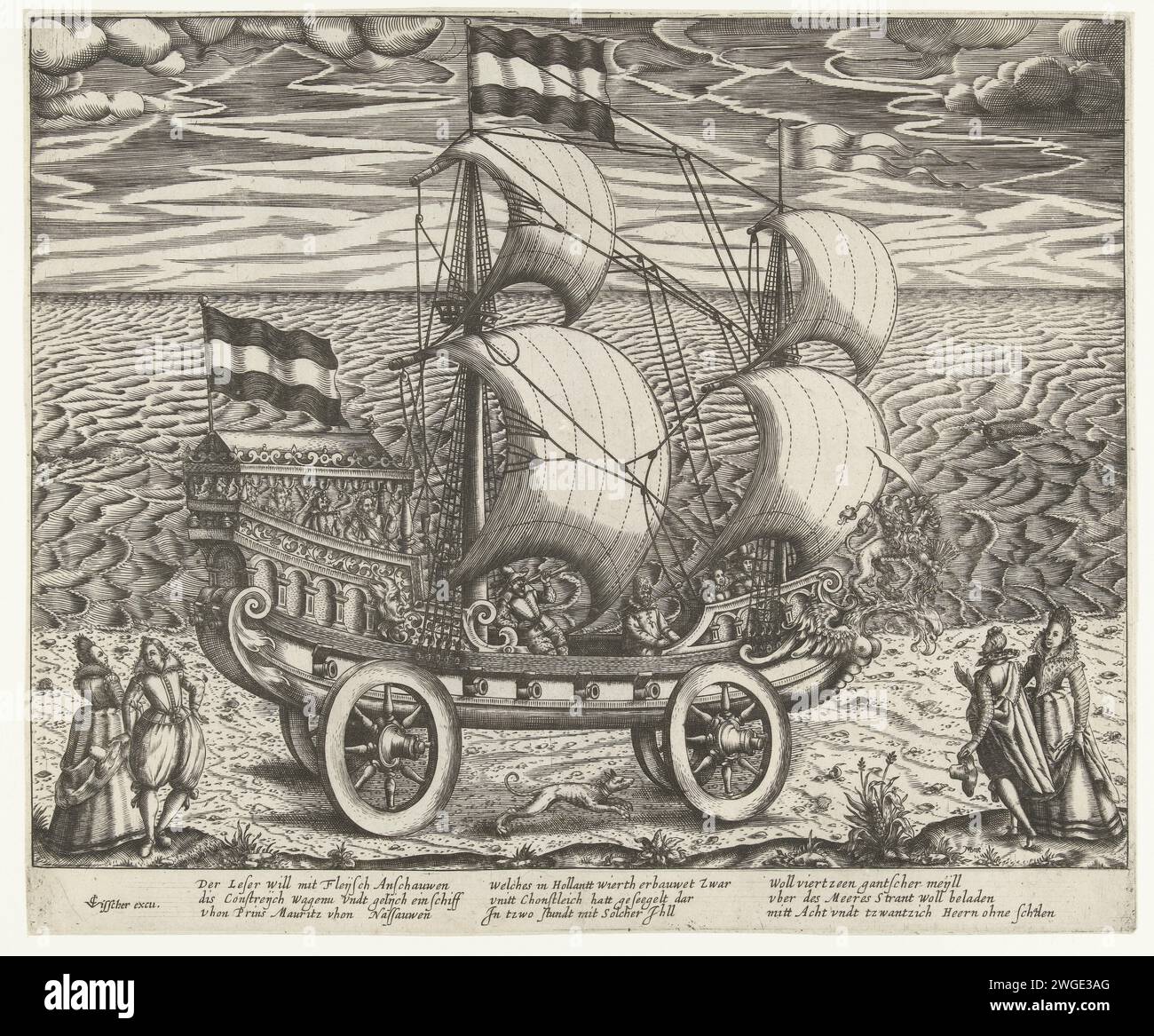 Simon Stevin's sailing car, 1602, 1603 - 1649 print The sailing car of ...