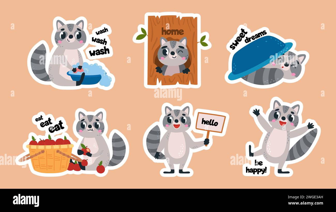 Children stickers pack with cartoon funny raccoon. Cute raccoons wash ...