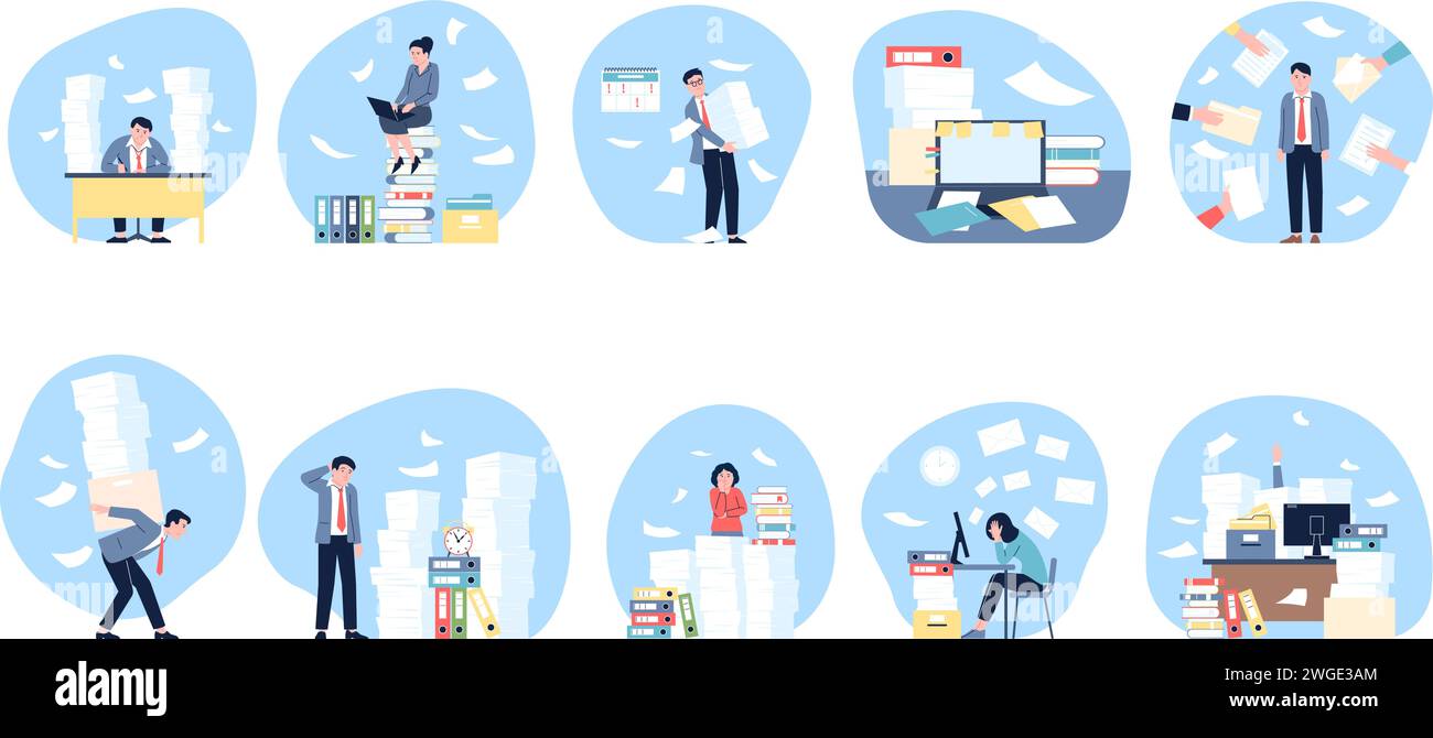 Unorganised business people with piles of papers. Managers and ...