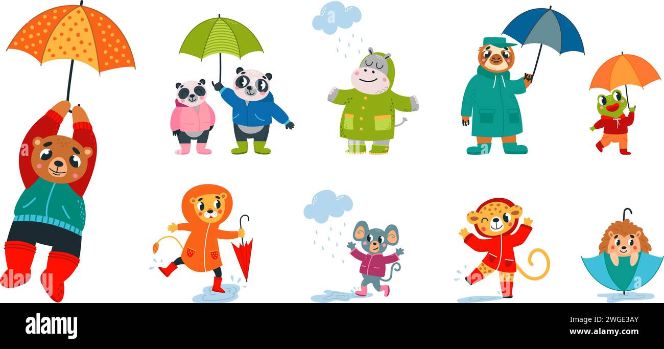 Animals and rain. Funny forest animal with umbrella, wear raincoat and ...