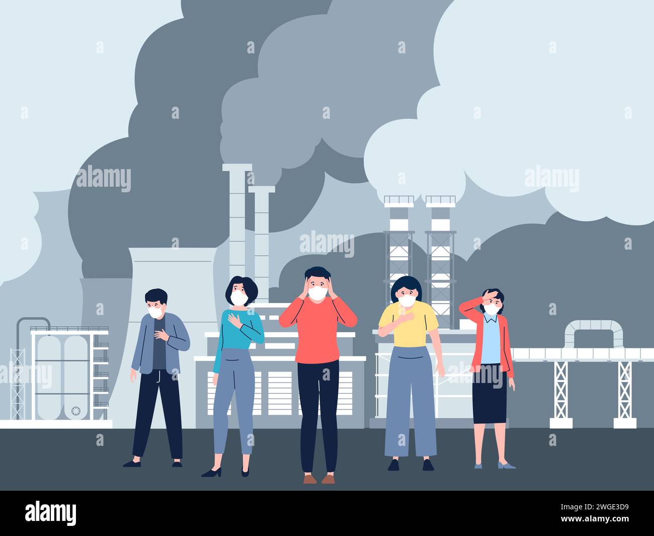 Industrial pollution. People suffocating from dirty air, toxic danger ...