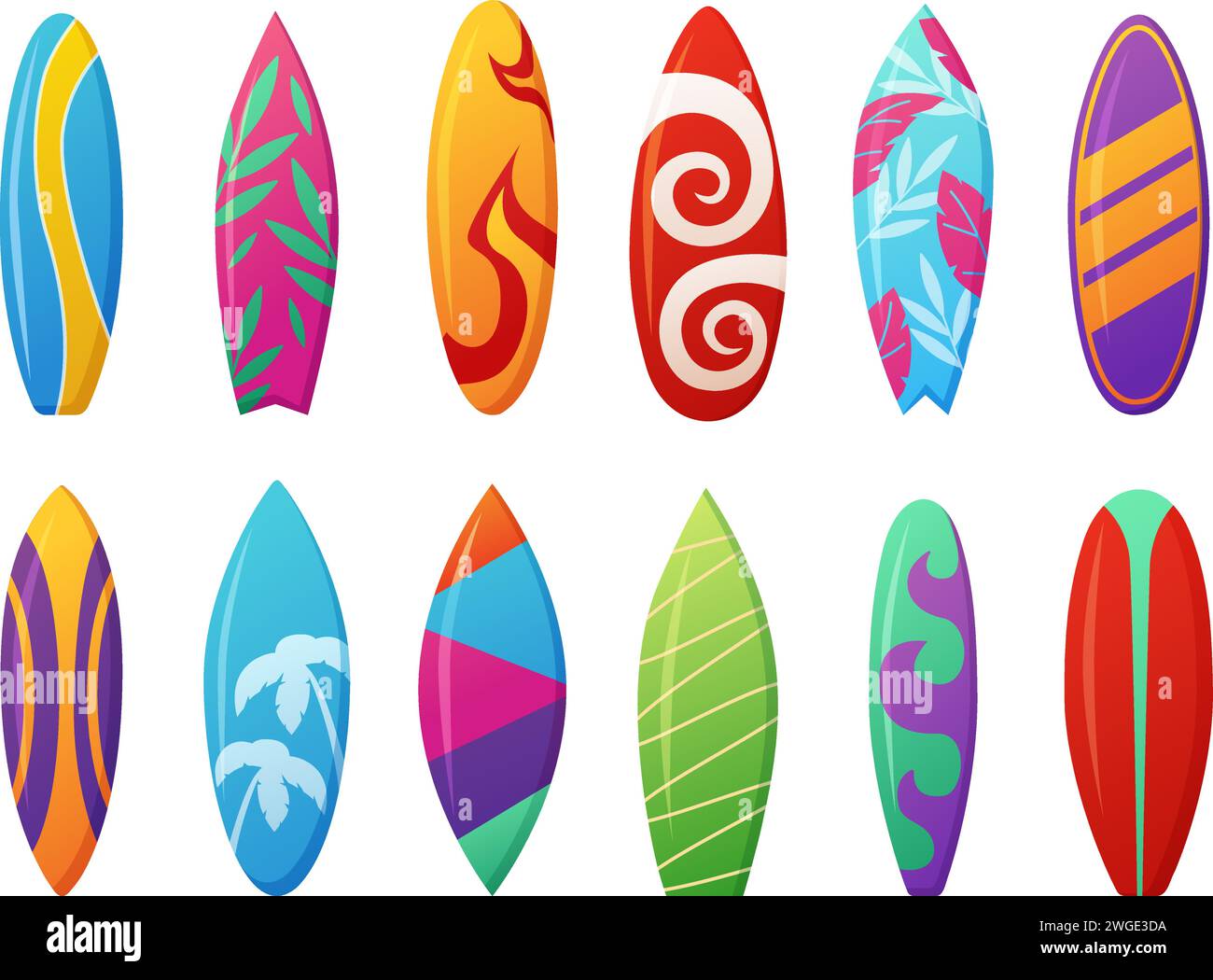 Cartoon surfing board. Isolated summer surf boards collection. Longboard and surfboard with ...