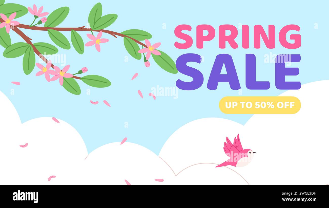 Spring sale poster template design. Cartoon blossom sakura branches ...