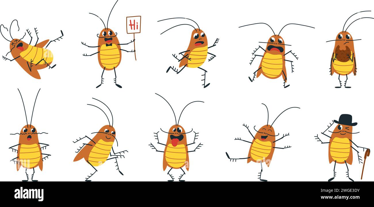 Cockroach funny cartoon set. Dirt cockroaches, cute home insect with ...