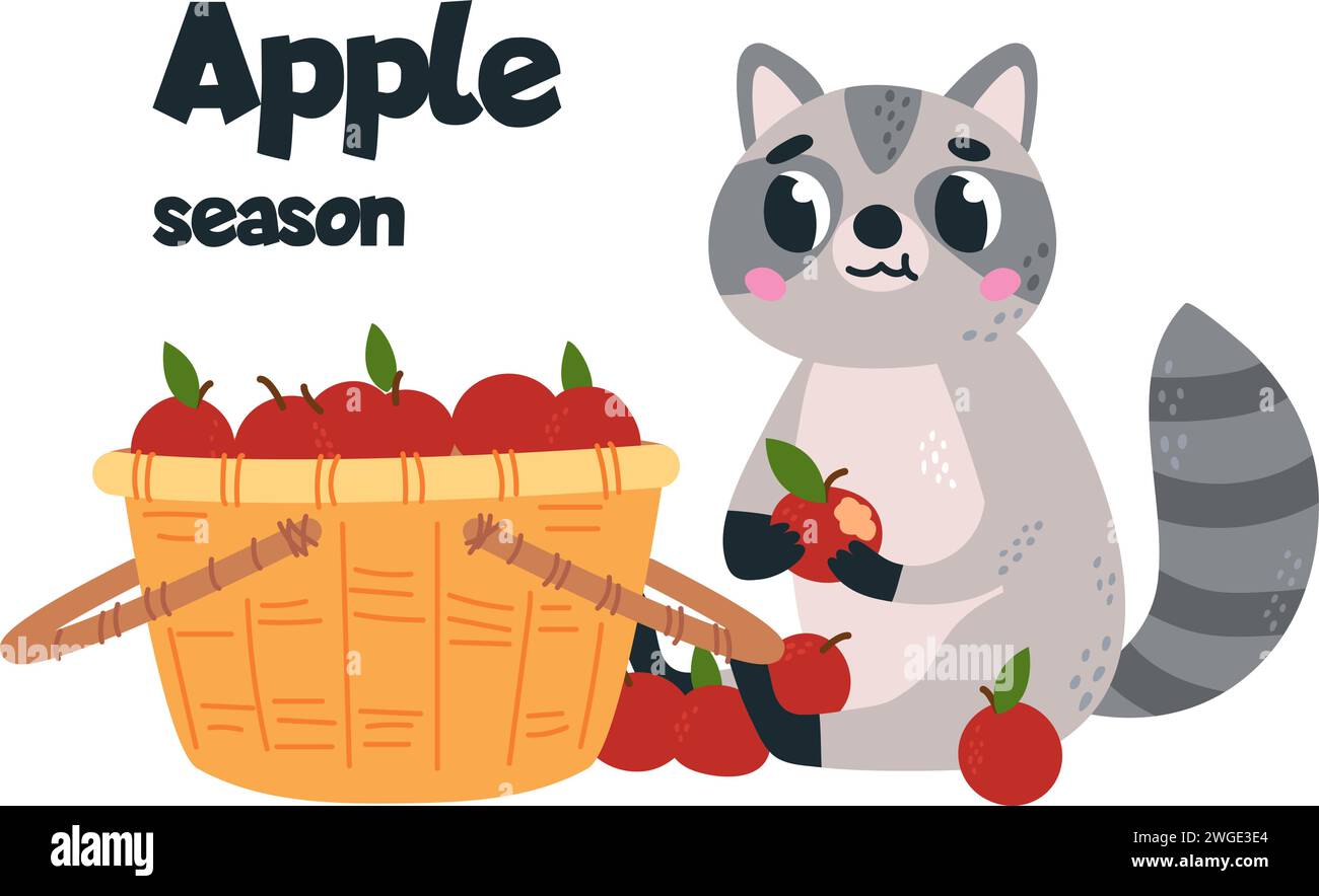 Cute cartoon raccoon eat apples. Harvest time, fresh fruits, market ...
