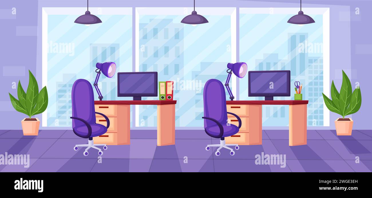 Cartoon office interior. Workplace with computer and stationery ...