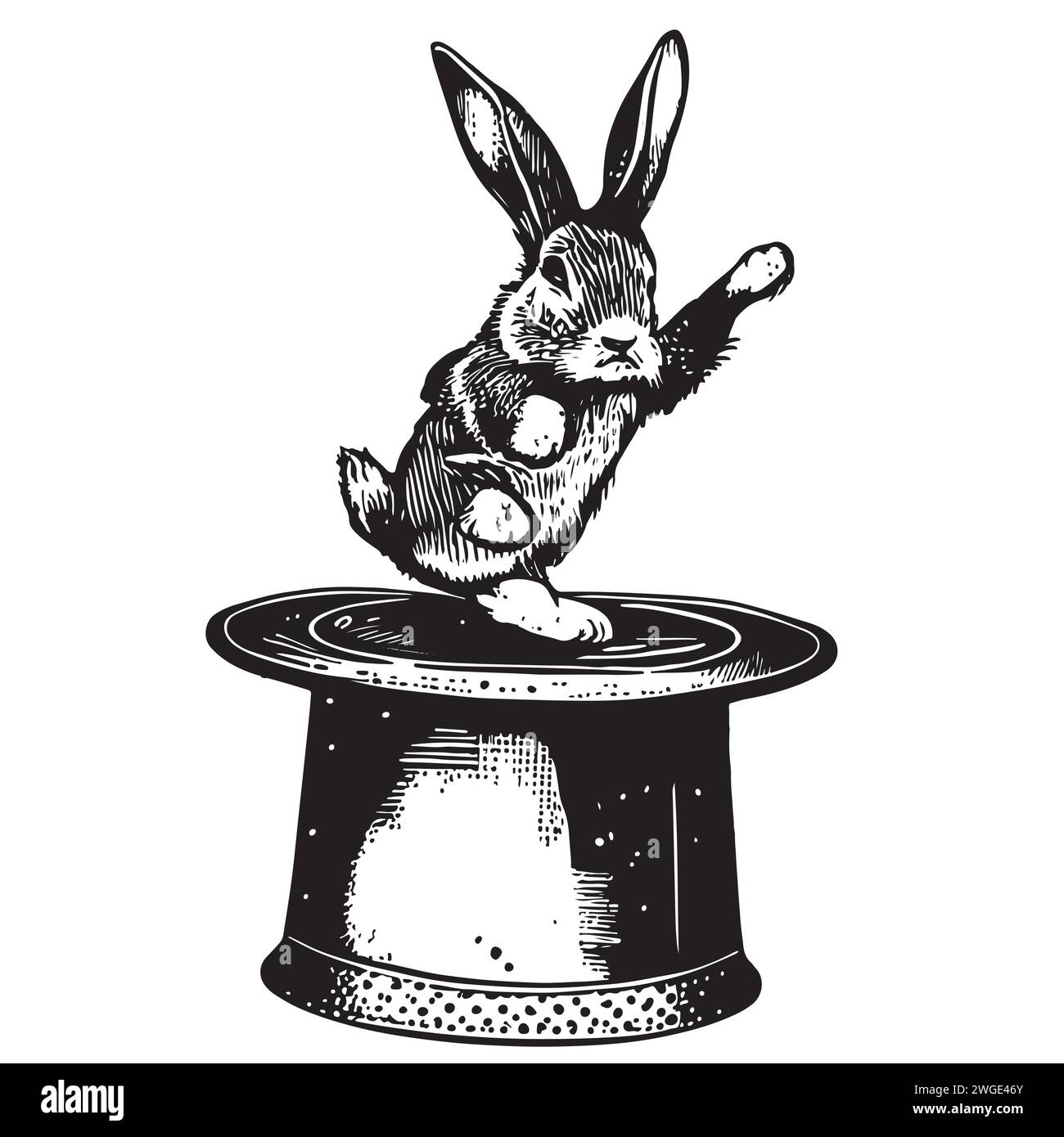 Rabbit jumping out of a top hat hand drawn sketch in doodle style Stock ...