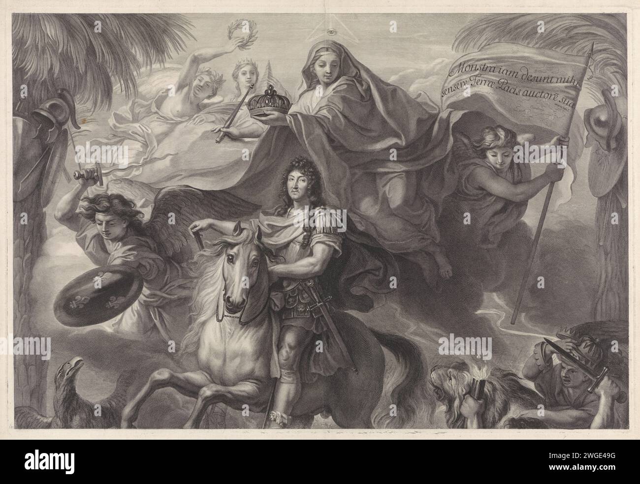 Allegorical equestrian portrait of Louis XIV, King of France, Gerard Edelinck, After Charles Le ...
