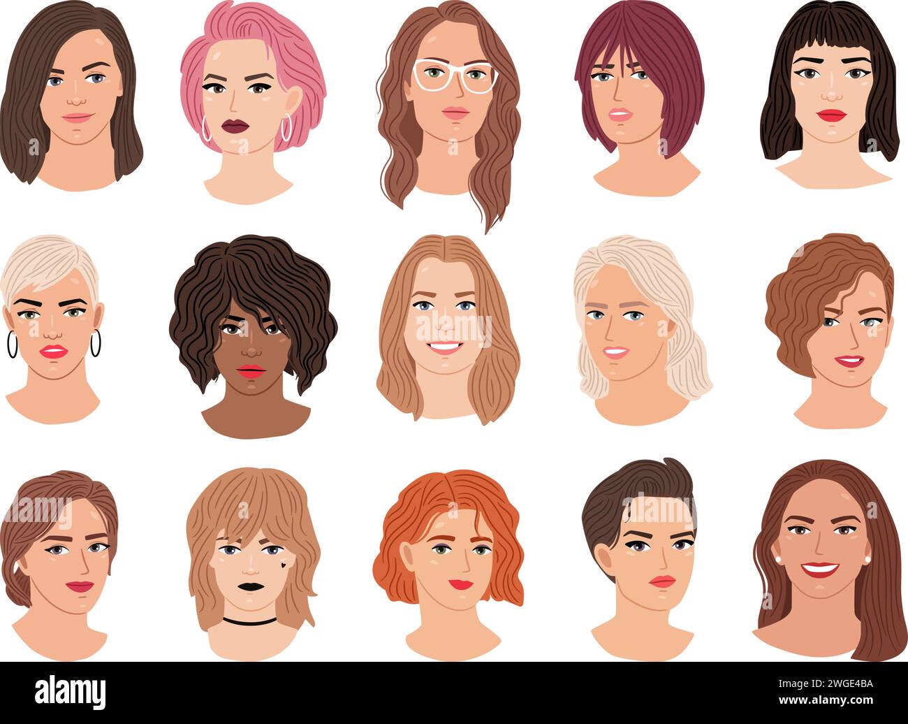 Female avatars set. Beautiful portrait of young woman with different ...