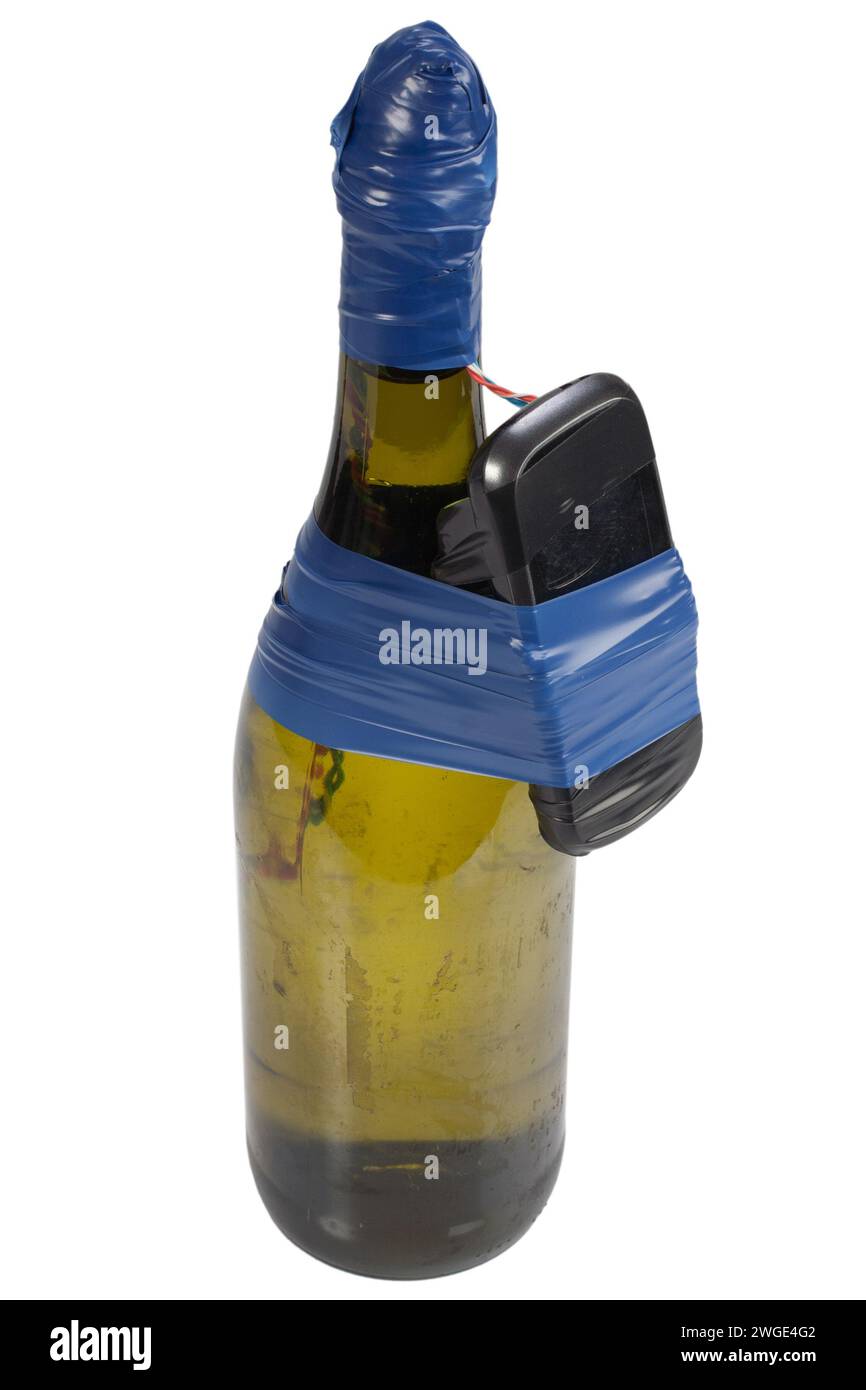 Molotov cocktail with cell phone fuse isolated on white background ...