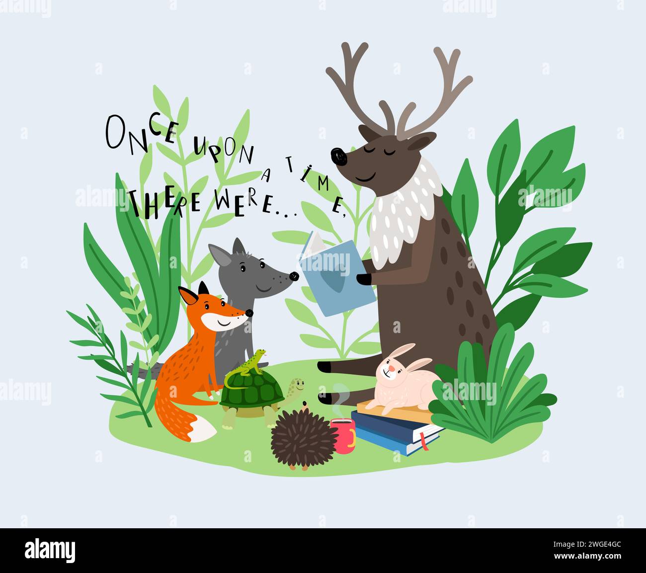 Deer reads a book to baby animals. Magic fairy tale in a clearing ...
