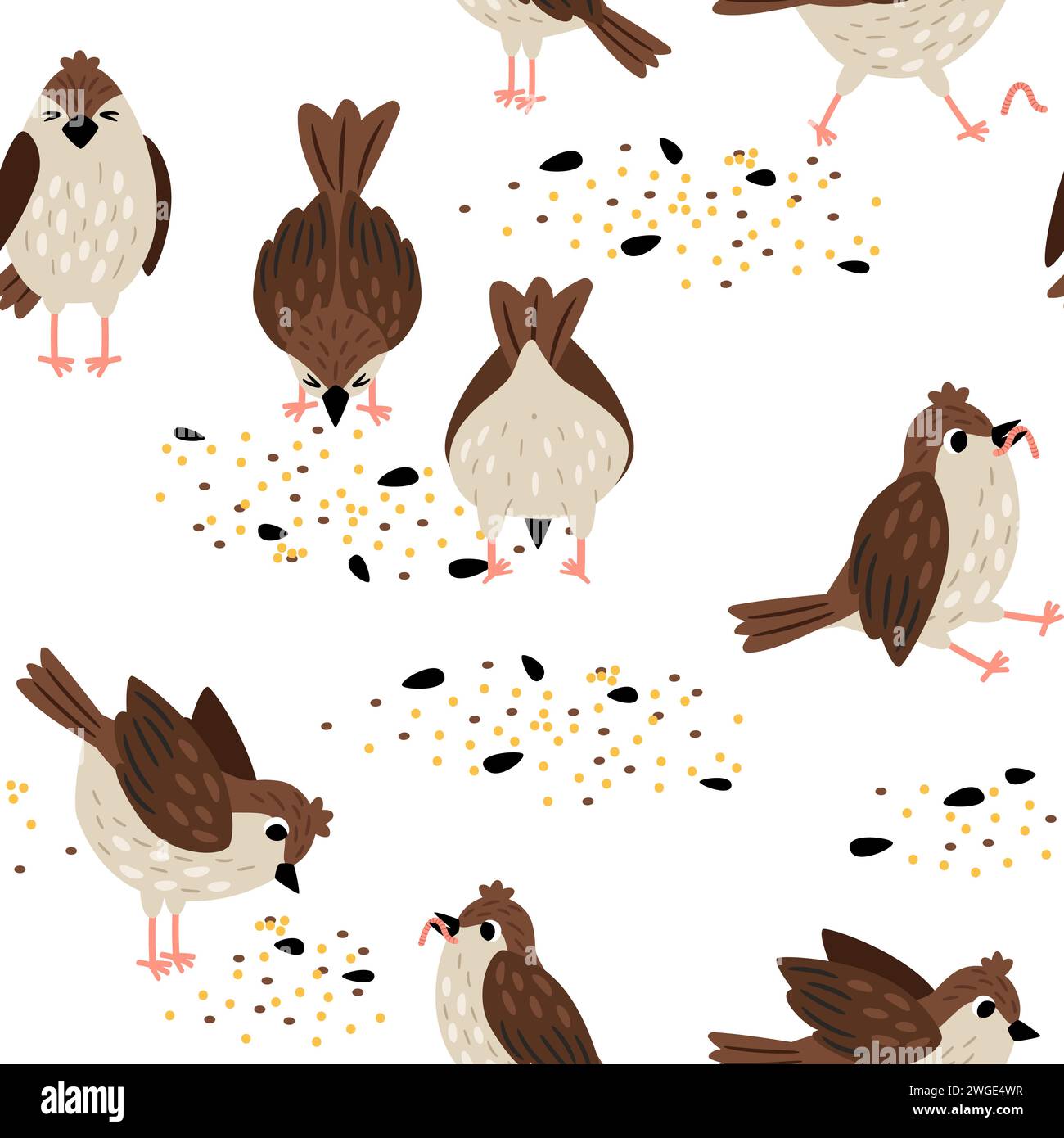 Seamless pattern with different sparrow poses. Bird pecks seeds ...