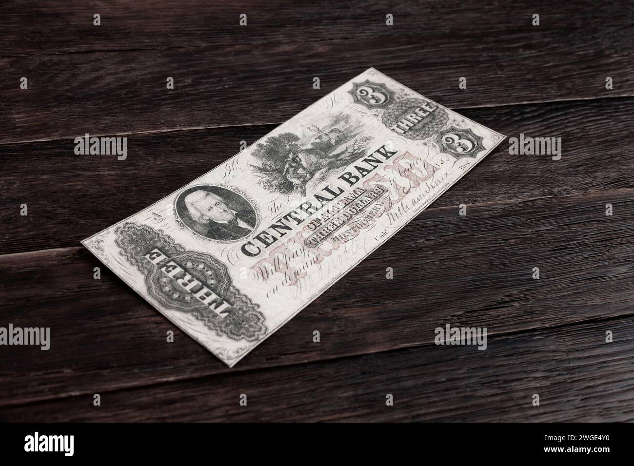 Old west period US 3 dollar banknotes on wooden background Stock Photo ...