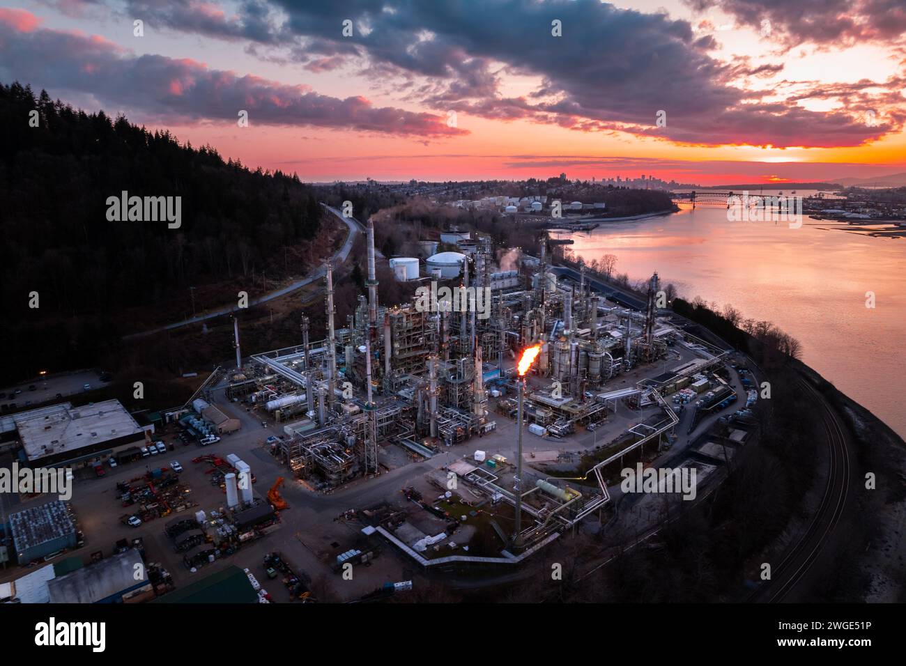 Oil refinery aerial view, distillation tower, gas production, smoke ...