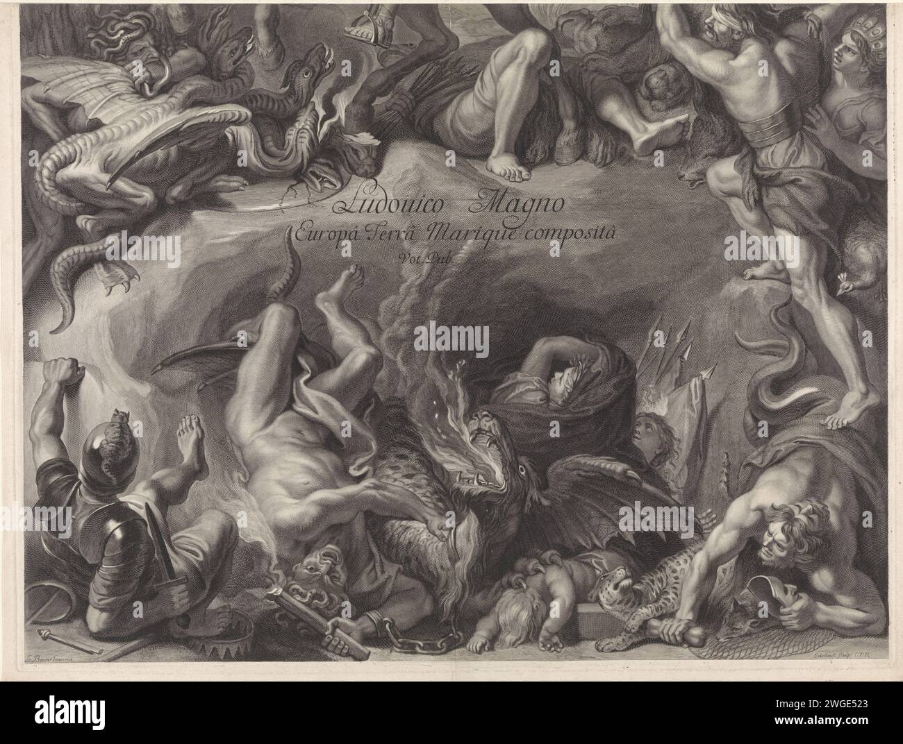 Allegorical equestrian portrait of Louis XIV, King of France, 1677 print Lower part of a print ...