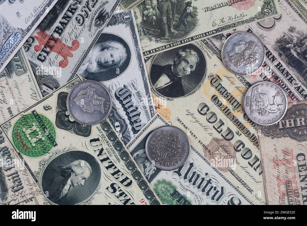 Old west period US banknotes and silver certificates with silver dollar ...