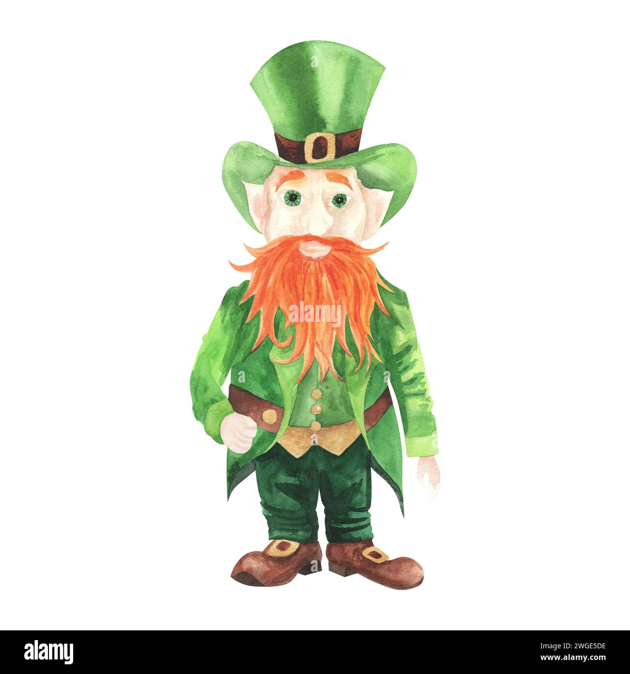 Funny cartoon watercolor leprechaun in green hat and costume dancing ...