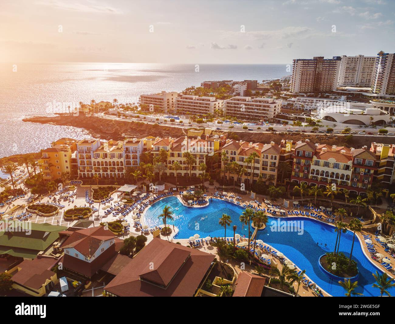 ocean blue waterand luxury hotels of Playa Paraiso, Tenerife, Canary ...