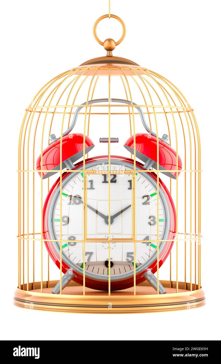 Alarm clock inside birdcage, 3D rendering isolated on white background ...