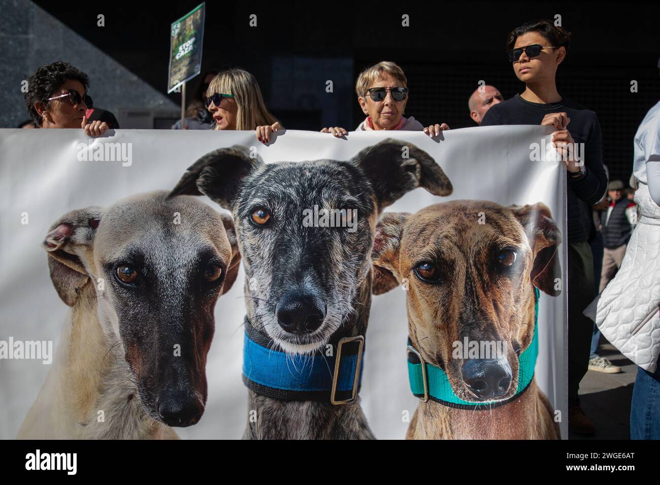 Madrid, Spain. 04th Feb, 2024. Protesters hold a banner with images of ...