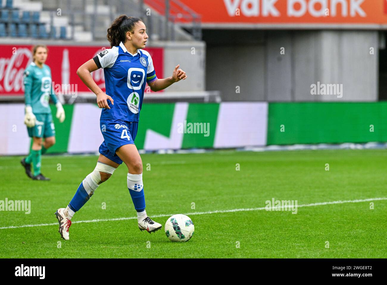 Gent, Belgium. 03rd Feb, 2024. Nia Elyn (4) of AA Gent Ladies pictured during a female soccer ...