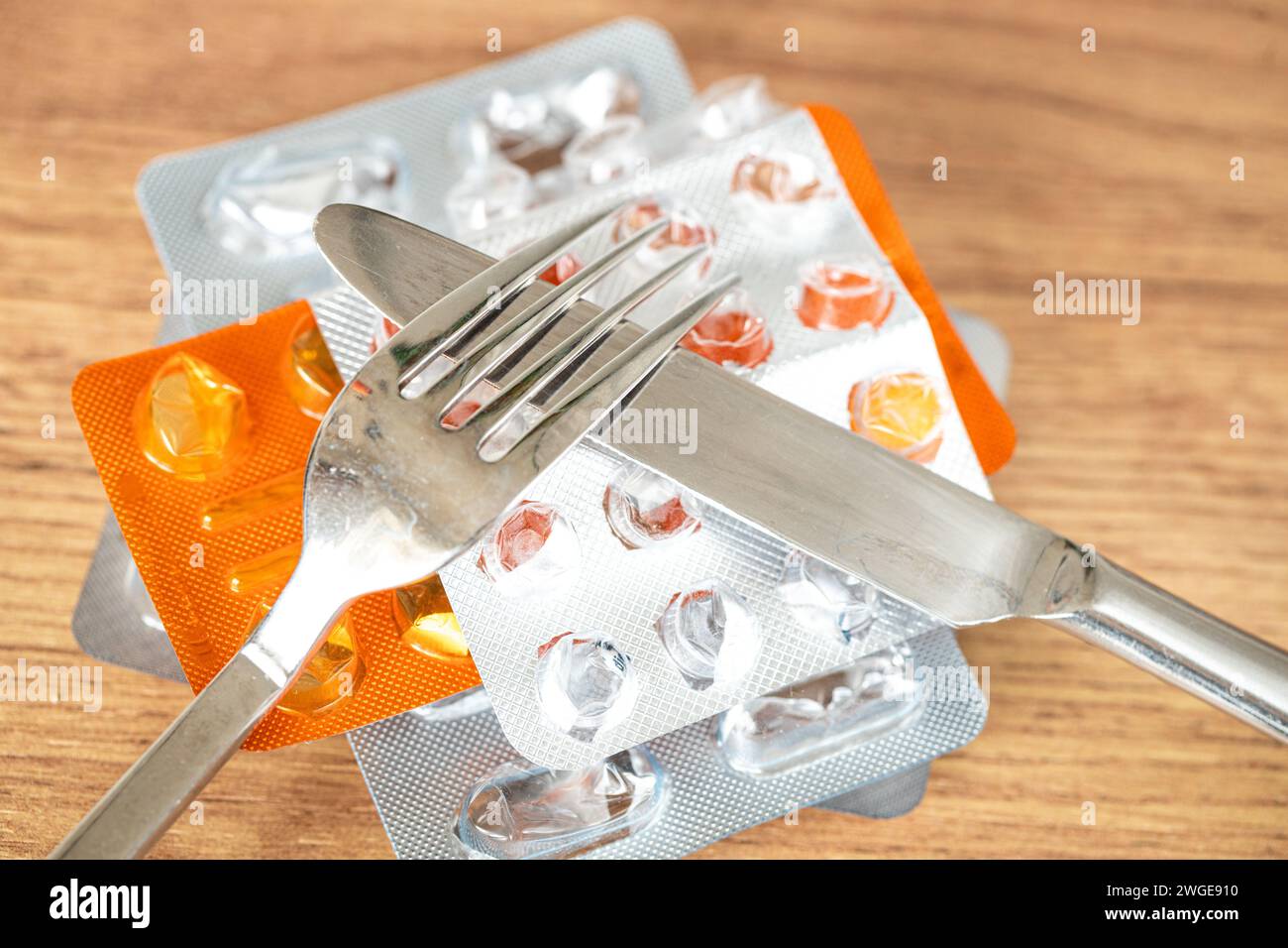 Medication abuse, Health concept, Empty medicine blisters on plate ...