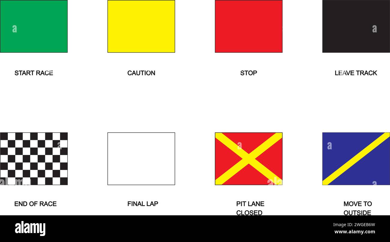 Set of different race flags signs. Start, finish, caution, stop, leave ...