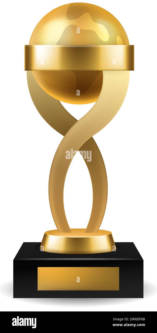 Gold trophy. Golden planet Earth, sports and music goblet, blank sign ...