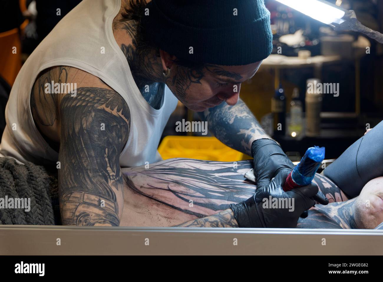 Paris, France. 2nd Feb, 2024. Tattoo artist, Axel Fleur (France) during ...