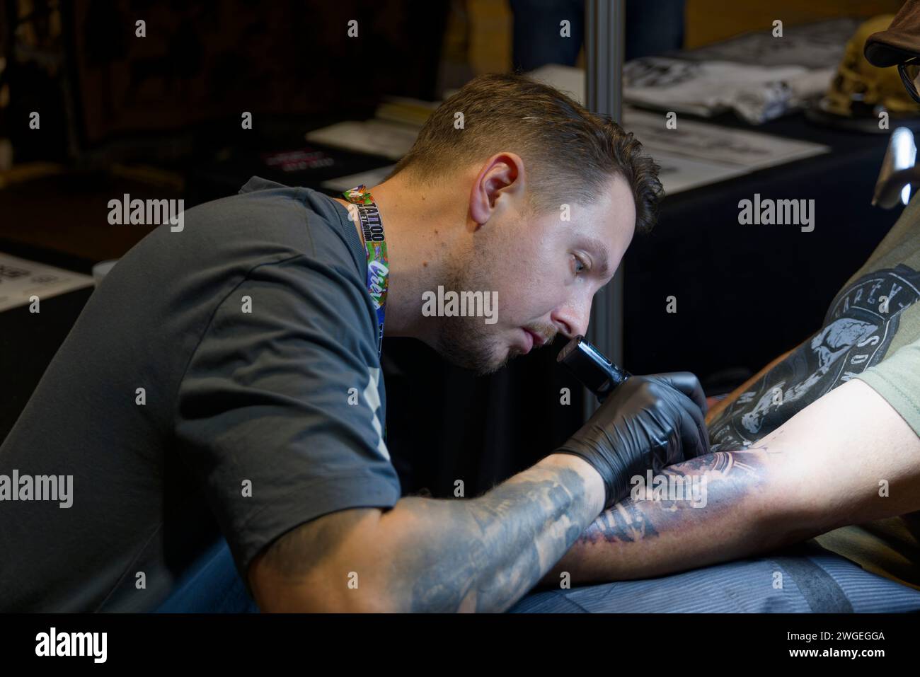 Paris, France. 2nd Feb, 2024. Tattoo artist, Mathieu Varga (France ...