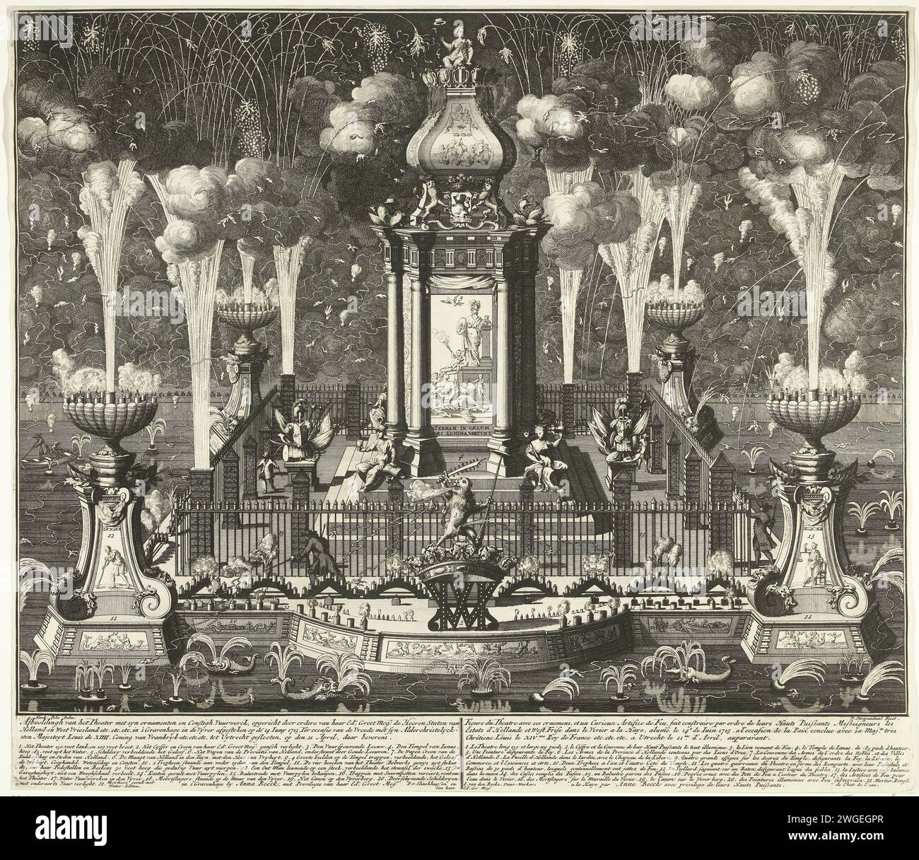 Fireworks at the celebration of the Peace of Utrecht, 1713, 1713 print ...