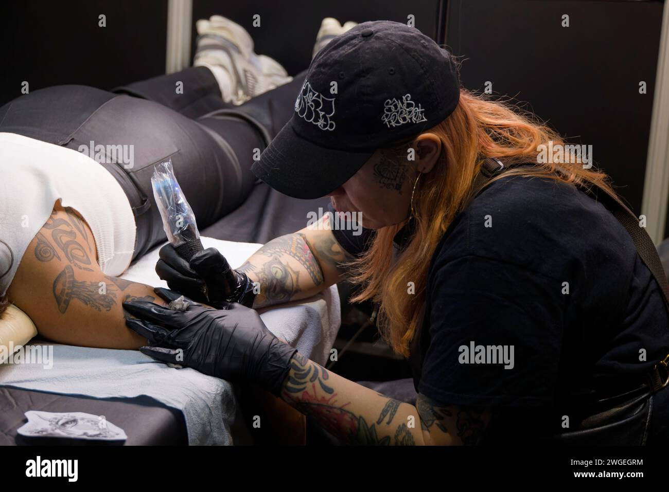Paris, France. 2nd Feb, 2024. Tattoo artist, Zema (Canada) during the ...