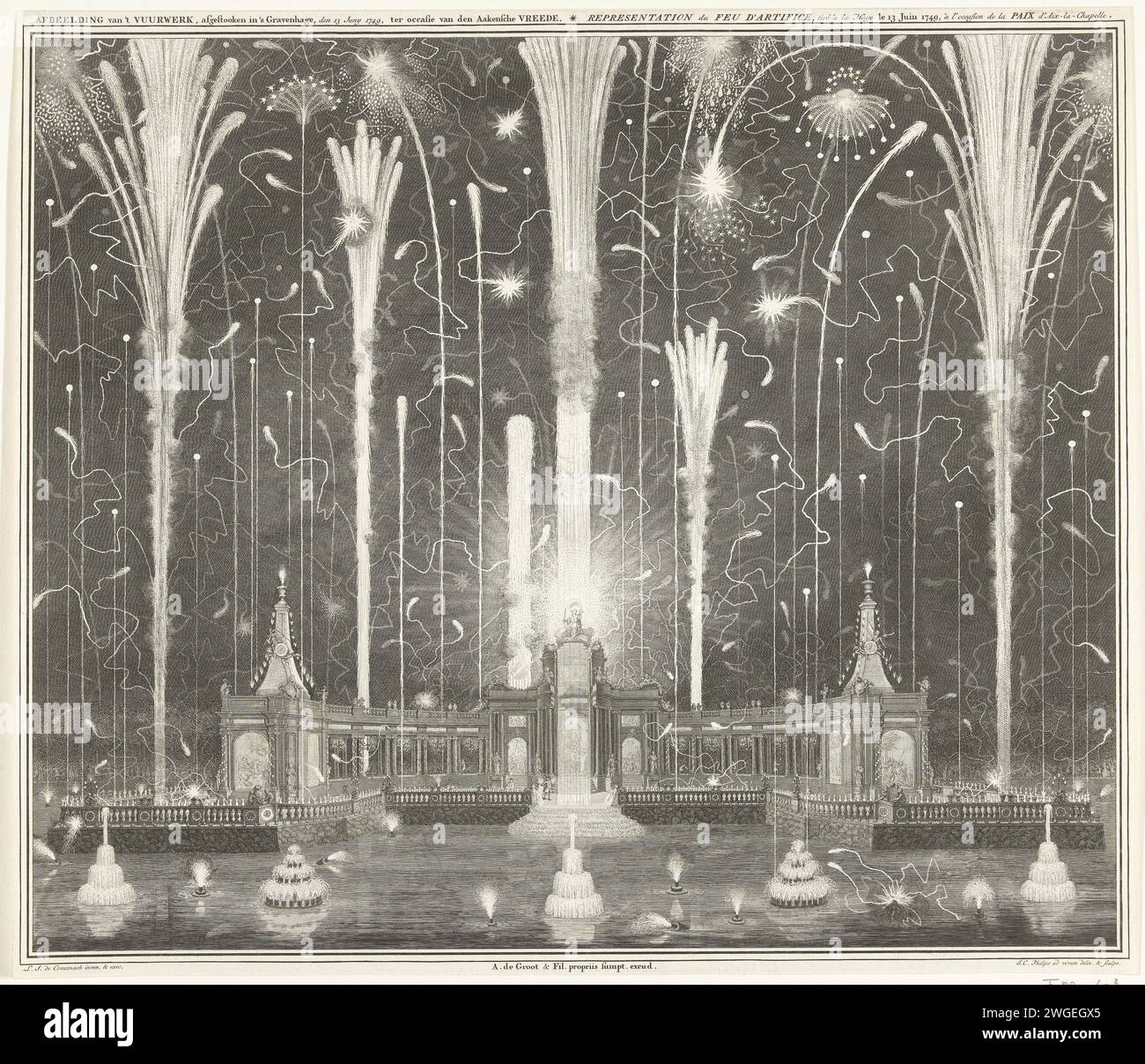 Fireworks in The Hague for the Peace of Aachen, 1749, 1749 print The ...