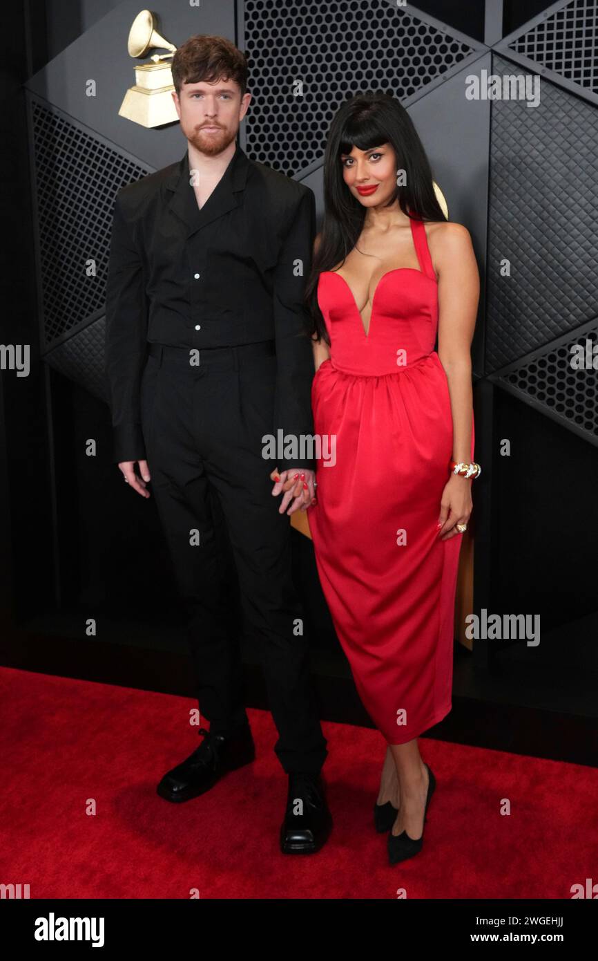 James Blake, left, and Jameela Jamil arrive at the 66th annual Grammy ...