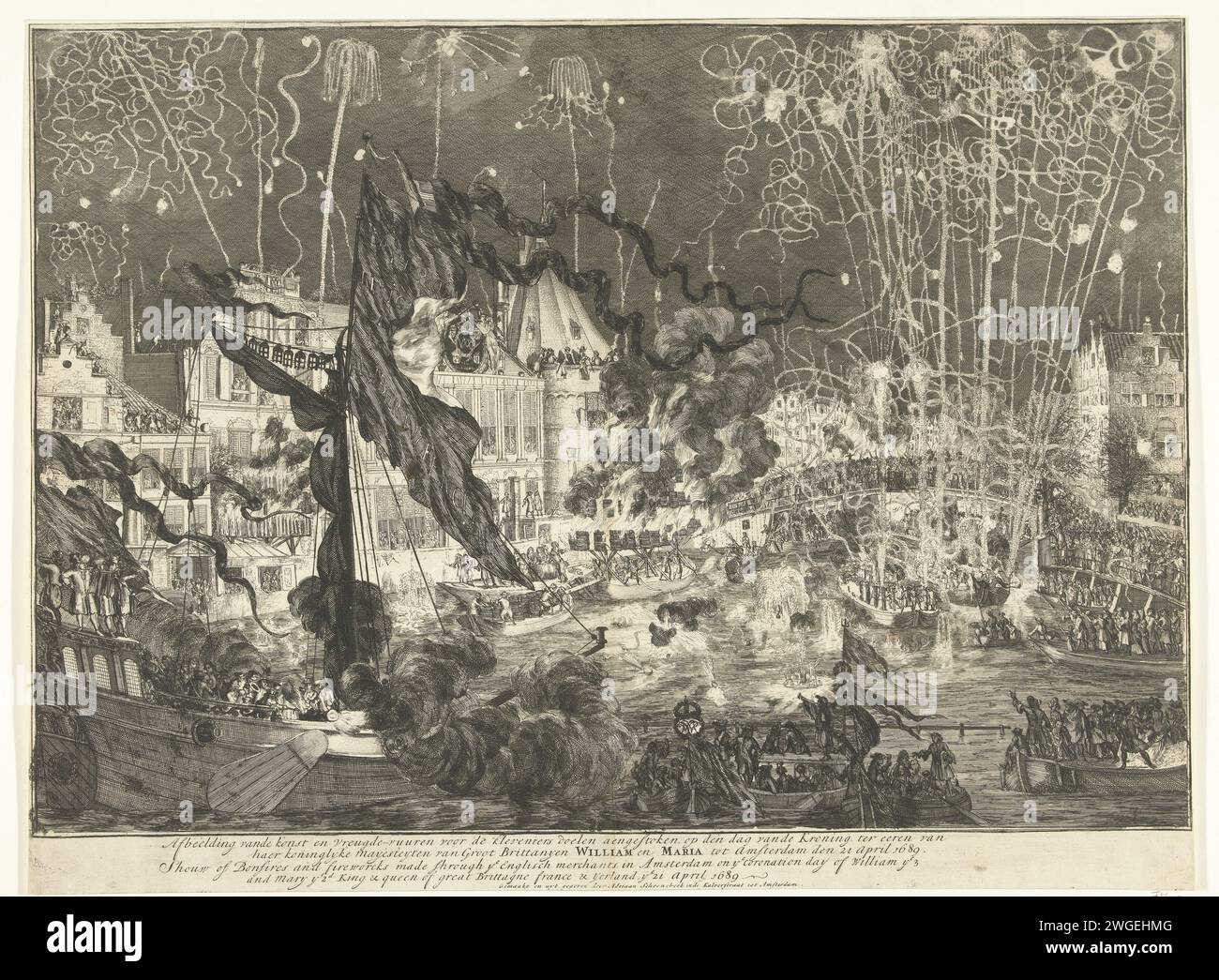 Fireworks in honor of the coronation of William III and Mary II as king ...