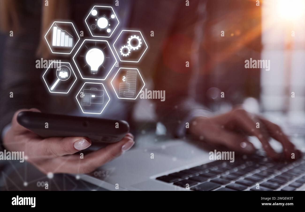 close up hand using phone screen on workspace table Stock Photo - Alamy