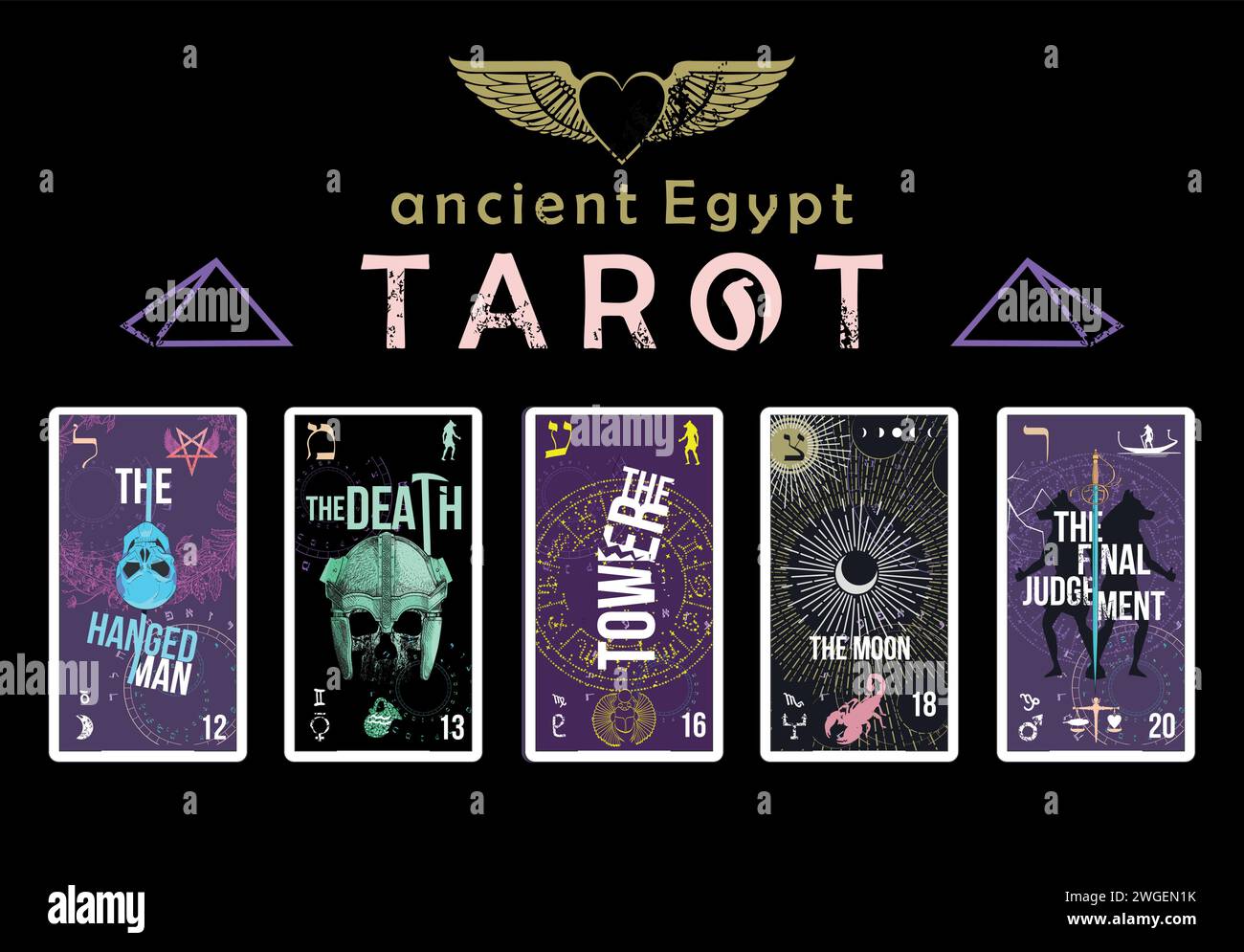 Design for a t-shirt with five Egyptian tarot cards. The hung man, the ...