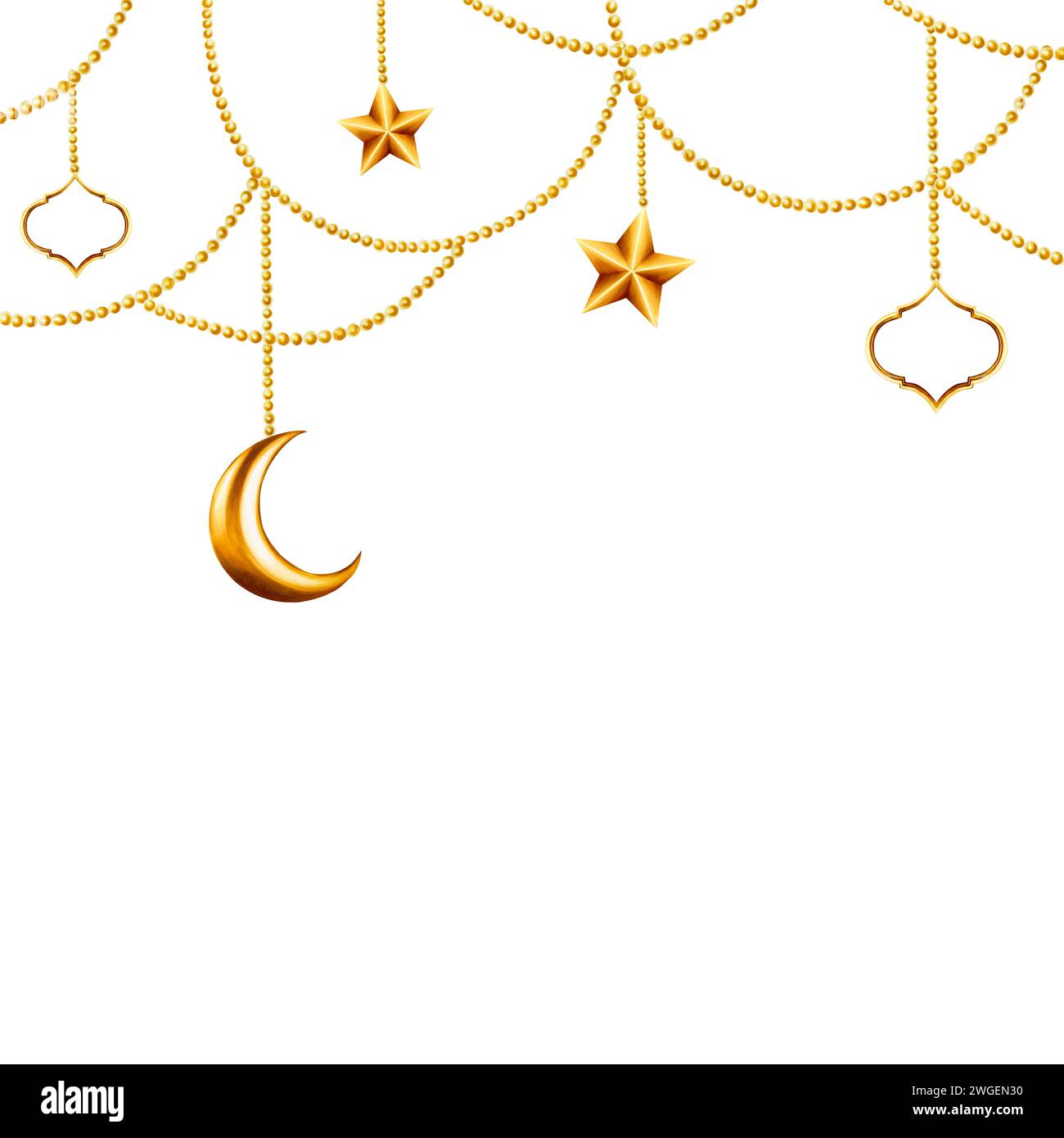 Watercolor Islamic arabian frame with golden crescent moon, stars on a ...