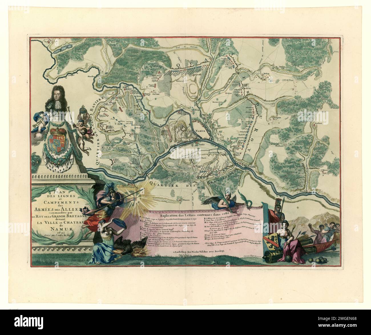 Colored map with the positions of the Allies under William III at the siege of Namur, 1695 ...