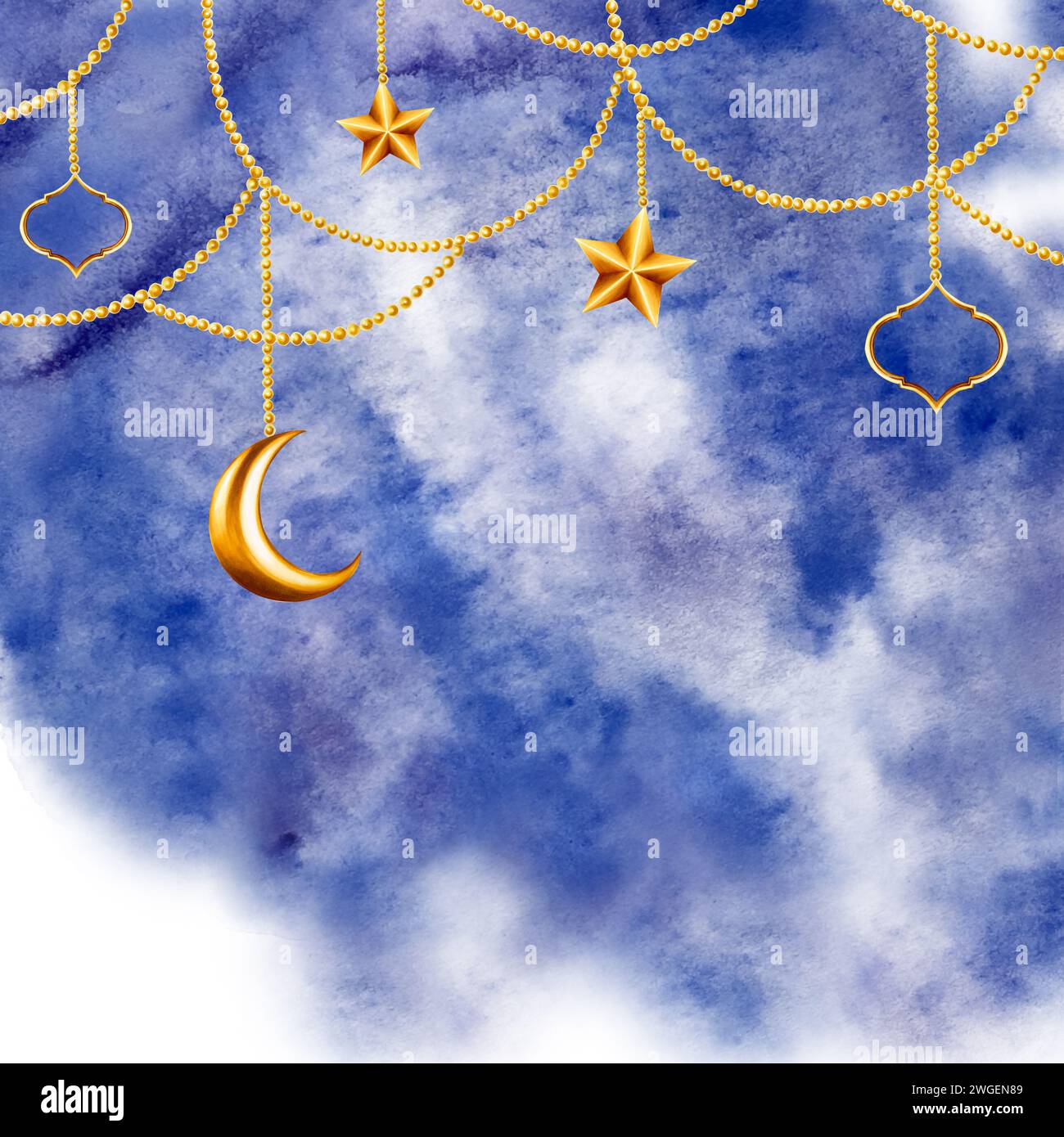 Watercolor Islamic arabian frame with golden crescent moon, stars on a ...