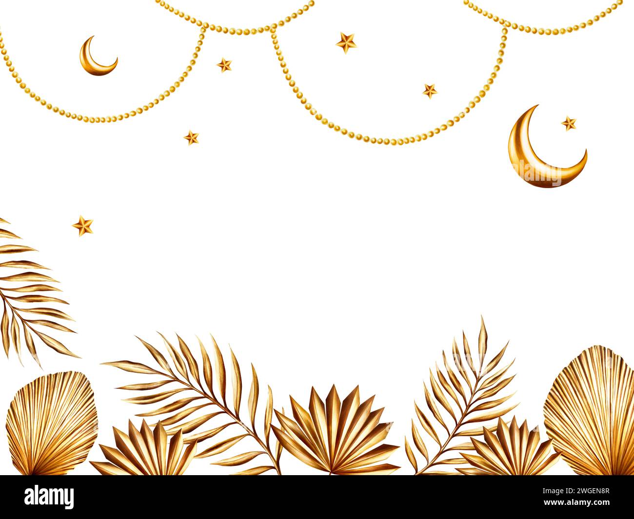 Watercolor Islamic arabian frame, templates with golden crescent moon ...